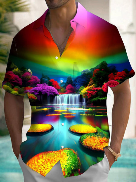 Rainbow Waterfall Print Men's Pocket Short Sleeve Shirts – adaychic