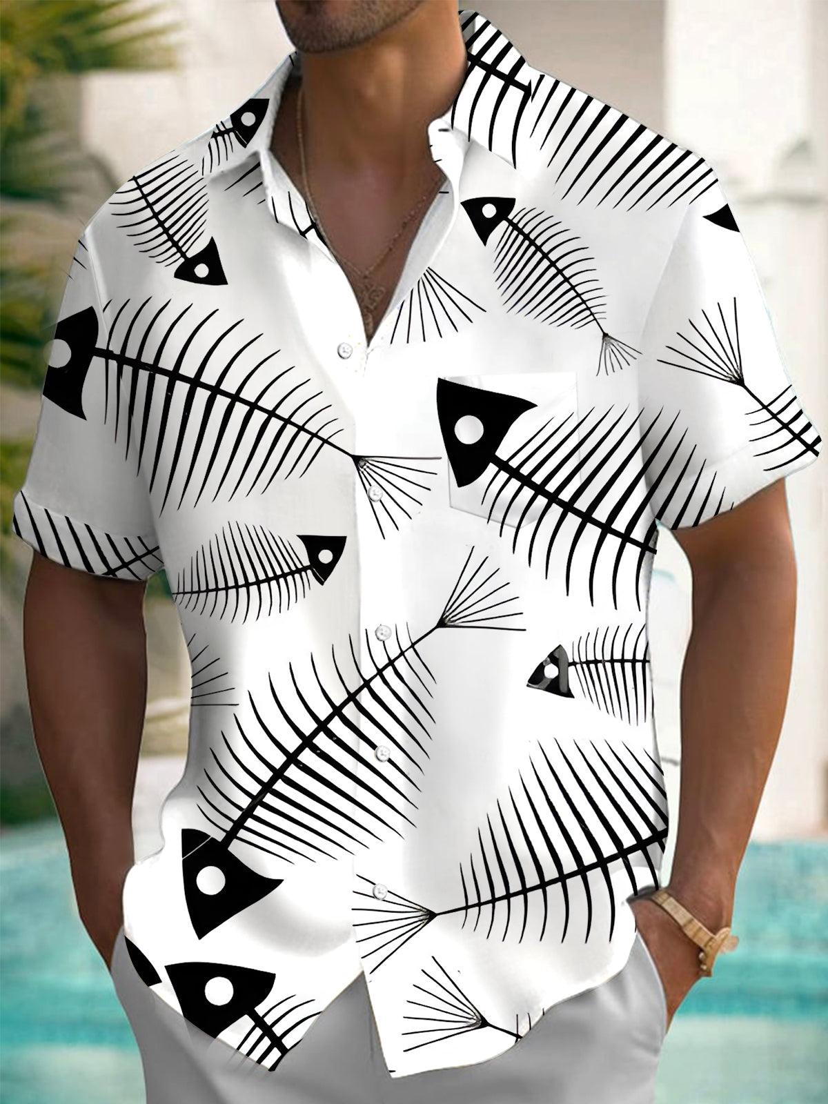 Fishbone Print Men's Pocket Short Sleeve Shirts