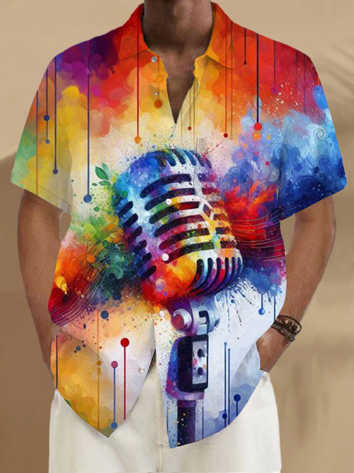 Microphone Print Men's Pocket Short Sleeve Shirts